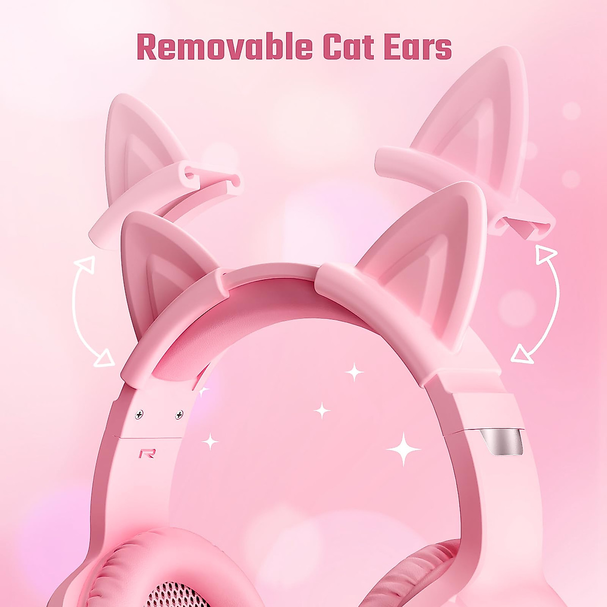 Pink Gaming Headset Noise-Canceling Mic with Stereo Surround，Wired Over-Ear Headphones with Retractable and Flexible Mic&Memory Foam Ear Pads,Removable Cat Ears，for Xbox Series, PS5, PS4, PC, Mobile.