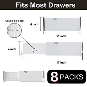KIKILIE 8 Pack Dresser Drawer Organizers Dividers, 11-17 Inch Expandable Divider Organizer for Clothing, Baby Clothes, Makeup, Kitchen Utensils, Deep Divider, Adjustable Separators, White
