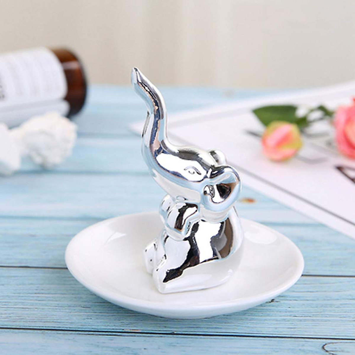 Lependor Lucky Elephant Ring Holder Jewelry Tray for Wedding Christmas Birthday Gifts, Handmade Ceramic Decor Jewelry Small Animal Tray - Silver Elephant