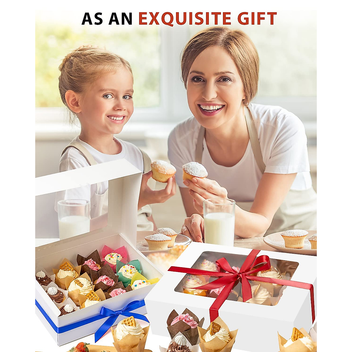 katbite Cupcake Boxes, 15-Set Cupcake Containers 12 Count, Food Grade Kraft Thick Cupcake Carrier Boxes with 2 Color Gift Ribbons, Twine, Cards and Inserts to Hold Cupcakes, Pastries and Cookies