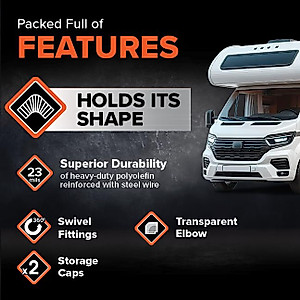 Camco RhinoFLEX 15' RV Sewer Hose Kit — Includes 4-in-1 Adapter, Clear Elbow, & Caps — Connects to 3″ Slip & 3″, 3 1/2″, 4″ NPT Threaded Sewer Connections (39770)