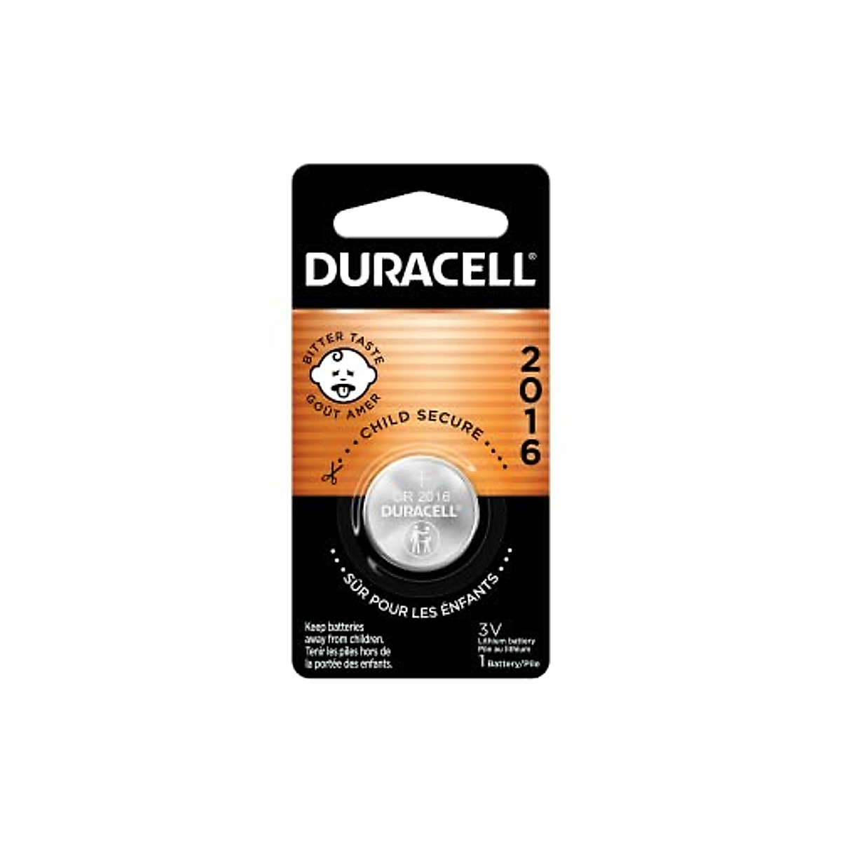 Duracell CR2016 3V Lithium Battery, Child Safety Features, 1 Count Pack, Lithium Coin Battery for Key Fob, Car Remote, Glucose Monitor, CR Lithium 3 Volt Cell (Pack of 4)
