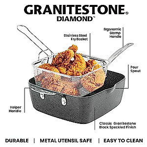 Granitestone 9.5 Inch Deep Frying Pan with Lid, 4 Pc Non Stick Deep Square Frying Pan Set with Steamer & Fry Basket, Large Frying Pan/Saute Pan for Cooking, Dishwasher/Oven Safe, 100% Non Toxic