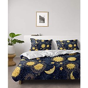 4 Piece California King Duvet Cover Set Night Vintage Moon Sun Star Breathable Comforter Covers Ultra Soft Bed Sheet with 2 Pillow Shams Bedding Collection Sets Yellow Celestial Fabric Midnight