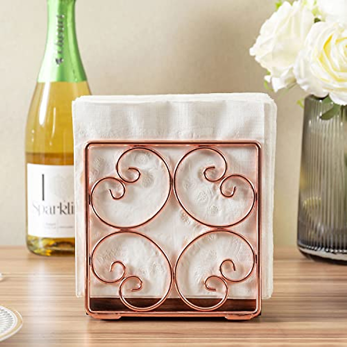 MyGift Copper Tone Metal Wire Napkin Holder with Rustic Burnt Wood Base - Upright Serviette Dispenser Rack with Vintage Style Scrollwork Design