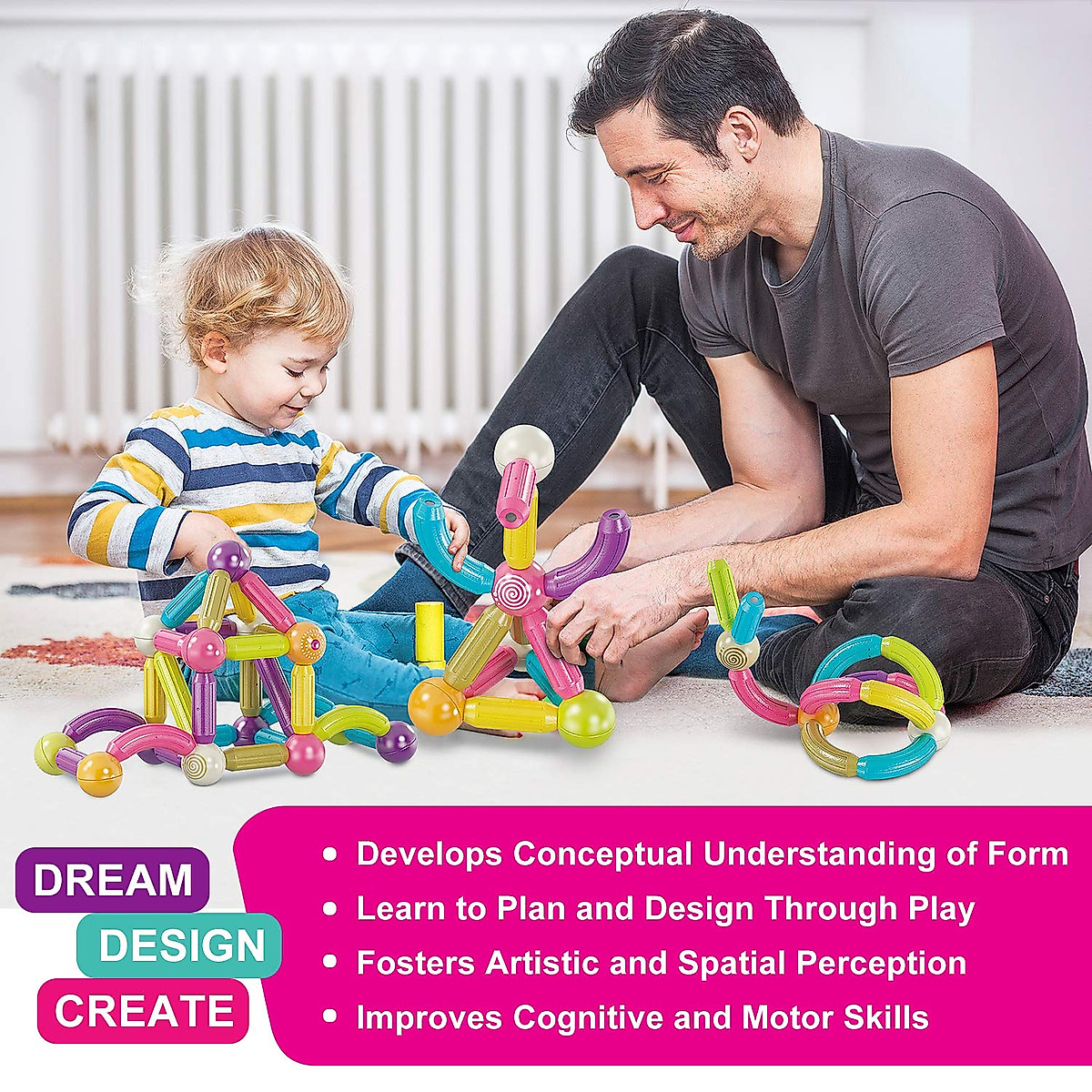 Magnetic Balls and Rods Set | 34 PCS Educational Magnet Building Blocks – Vibrant Colors, Different Sizes & Curved Shapes + Instructions Manual – Developmental STEAM Toys for Boys & Girls 3 4 5 6 7