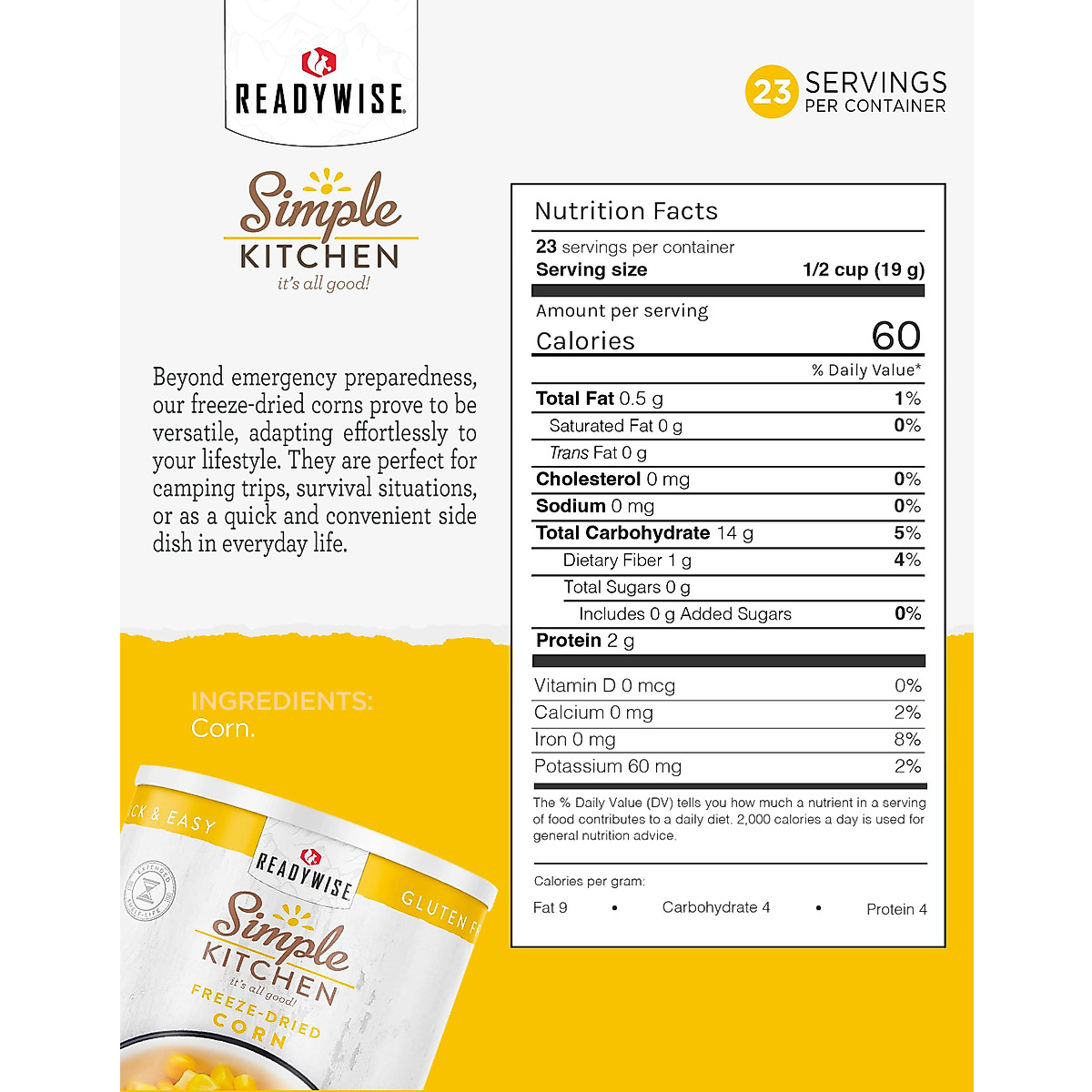READYWISE - Simple Kitchen, Freeze-Dried Corn, 23 Servings, MRE, Emergency Food Supply, Gluten Free, Corn, Freeze Dried Corn, Freeze Dried Food, Canned Food, Camping, Survival Food, 10 Can