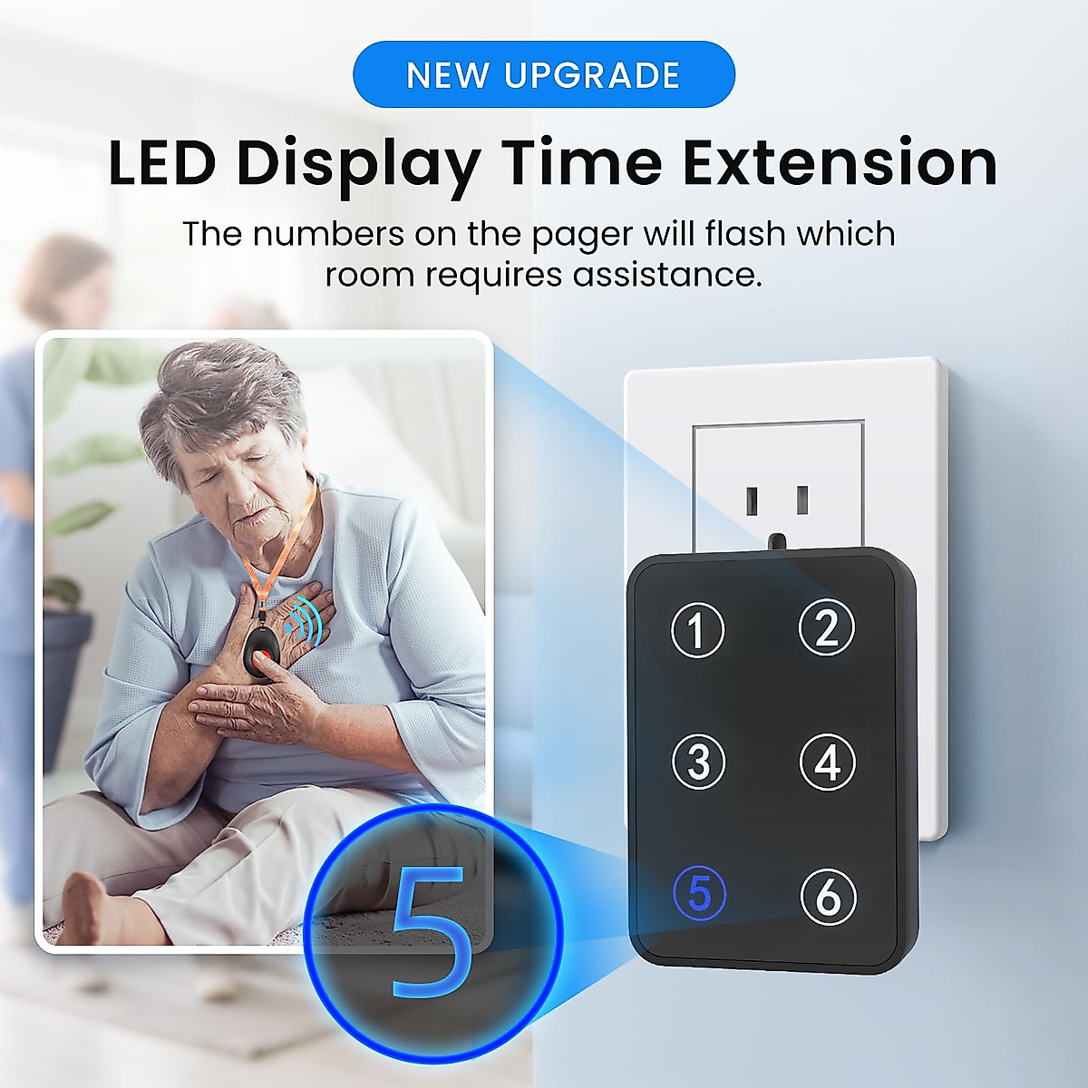 CallToU Caregiver Pager Wireless Call Button Nurse Call System 500Ft with LED Number Display for Elderly Patients Seniors Home Emergency Alert 2 Plug-in Receivers 6 Waterproof Portable Transmitters