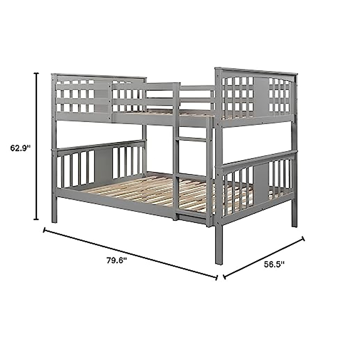 Voohek Full Over Full Bunk Bed with Ladder, Wood Bedframe Full-Length Guardrail for Kids, Teens, Bedroom, Home Furniture, No Box Spring Required, Gray