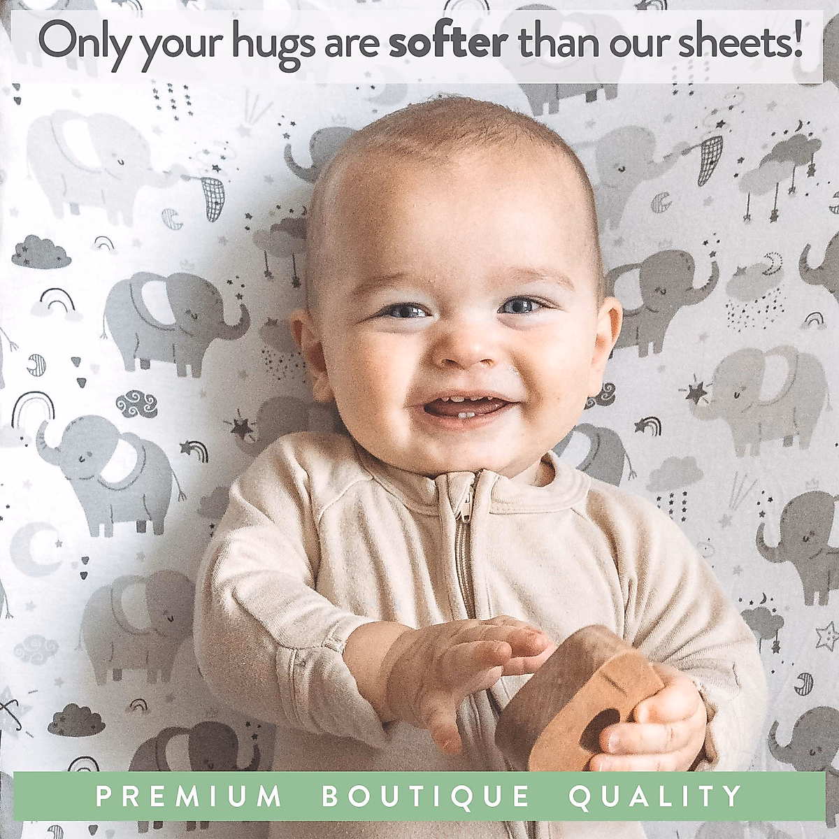 Joey + Joan Bassinet Fitted Sheets 19" x 32" for Cowiewie Bedside Sleeper Bassinet Mattress Pad – Snuggly Soft 100% Jersey Cotton – Grey Stars Elephants – 2 Pack