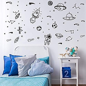 Wall Decor for Boys Room Art Outer Space Star Rockets Planets Stickers Removable Space Wall Decal for Children Bedroom Decoration (Black)