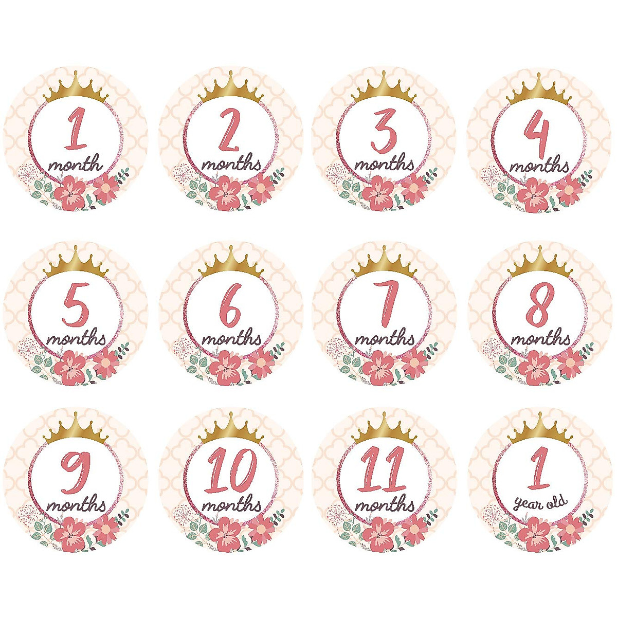 Baby Monthly Milestone Stickers, (Set of 20) Baby Belly Stickers with Crown Rose Gold Flower, Best Baby Shower Registry Gift, Scrapbook Photo Keepsake or Baby Photo Sharing Milestone Sticker.