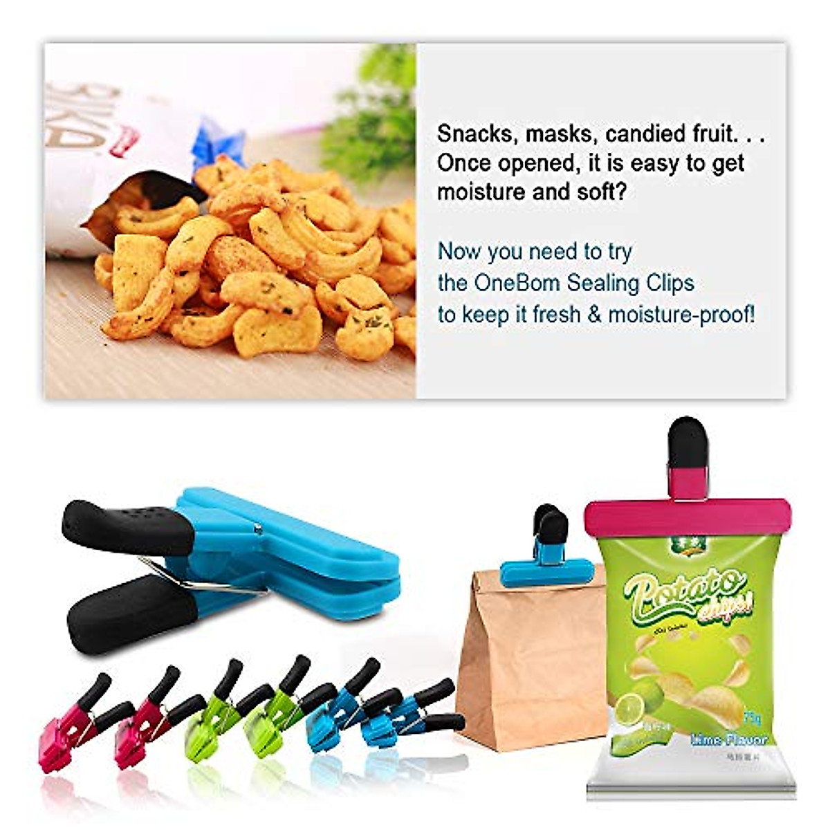 ONEBOM Chip Bag Clips, Bag Clips for Food, Snack Clips, Photo File Clamps, for Kitchen Office (9 Clips)