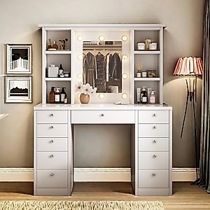 Runboll Vanity Desk with Mirror and Lights, Large Makeup Vanity with Lots of Storage, 45.3" L Dressing Table White with 10 Bulbs, 4 Open Shelves and 11 Drawers, 3 Lighting Modes, Brightness Adjustable