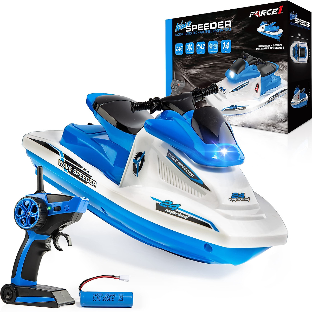Force1 Wave Speeder RC Boat for Kids - Remote Control Boat for Pool Water or Lake Play, Mini RC Boat Toy with Remote Kid Motor Boat, Rechargeable Battery, Dual Motor, USB Charger, 2.4GHz Remote (Blue)