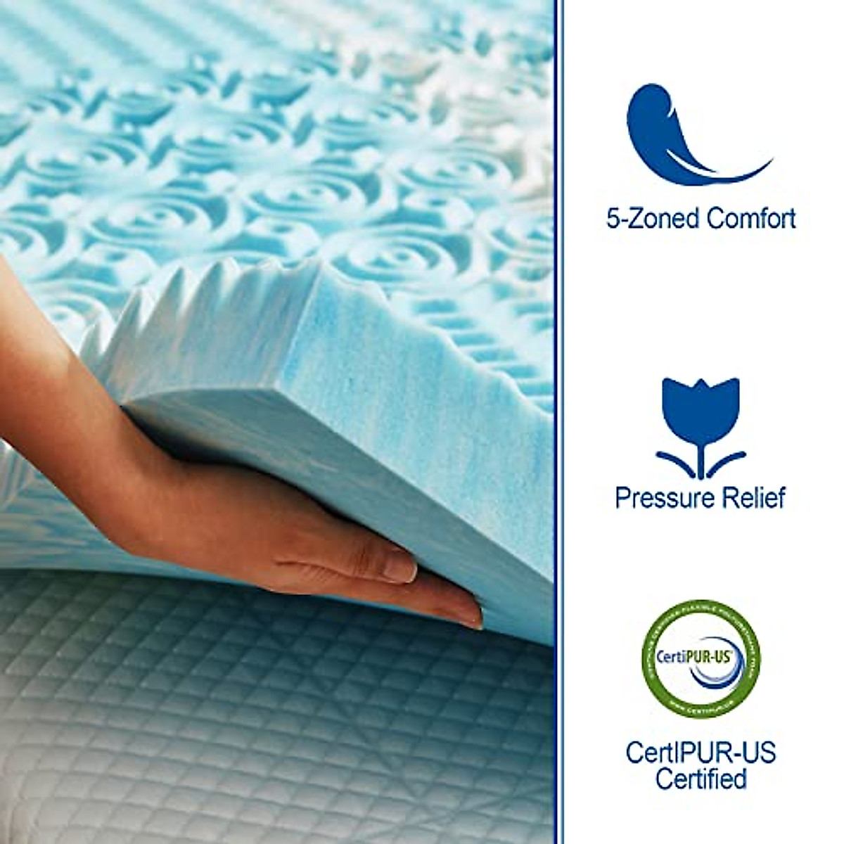SINWEEK 4 Inch Mattress Topper 5-Zone Memory Foam Mattress Topper Pressure Relieve Soft Mattress Pad, CertiPUR-US Certified, Queen Size Blue