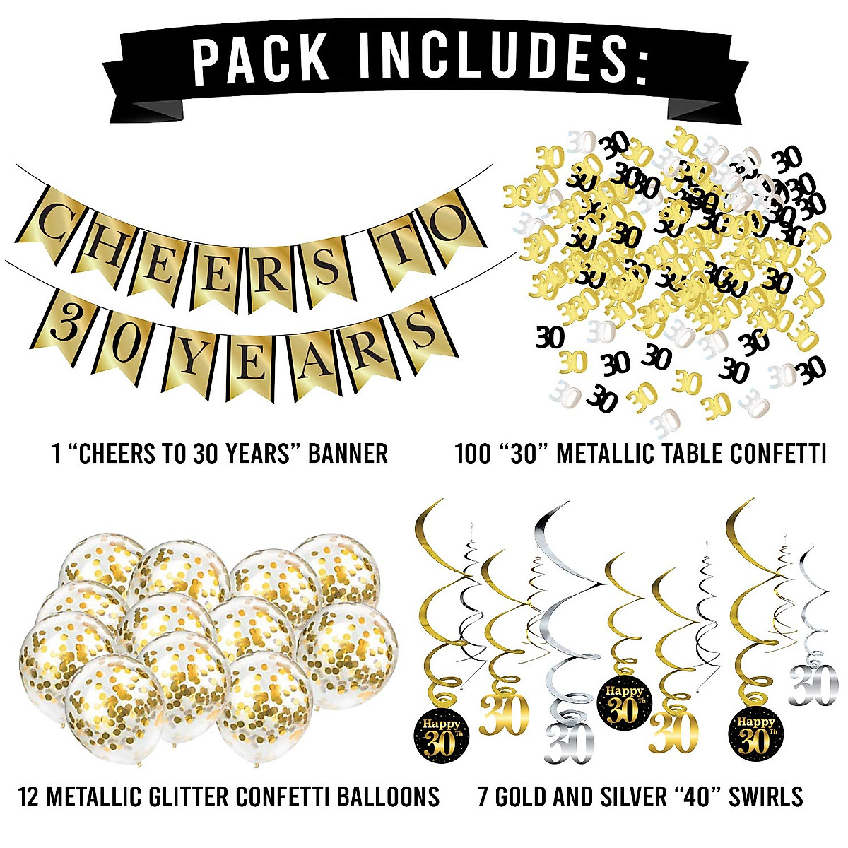 30th Birthday and Anniversary Decorations Party Pack - Cheers to 30 Years Banner, Balloons, Swirls and Confetti Party Supplies