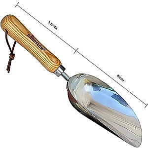 Gardtech Garden Hand Fertilizer Scoop, Soil Shovel, Heavy Duty Stainless Steel Trowel for Food and Ice, Large Capacity Multi-purpose Scoop with Wooden Handle for Petting Kitchen Use-with Wooden Handle