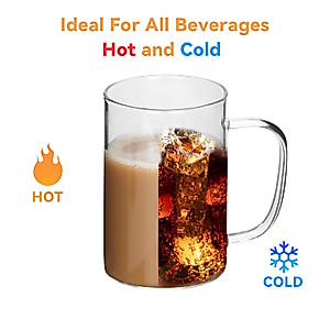 Trwcrt 15 oz Glass Coffee Mug Set of 6, Clear Coffee Mugs with Handle for Hot Beverages, Large Wide Mouth Glass Cup for Latte, Cappuccino, Hot Chocolate, Tea and Juice