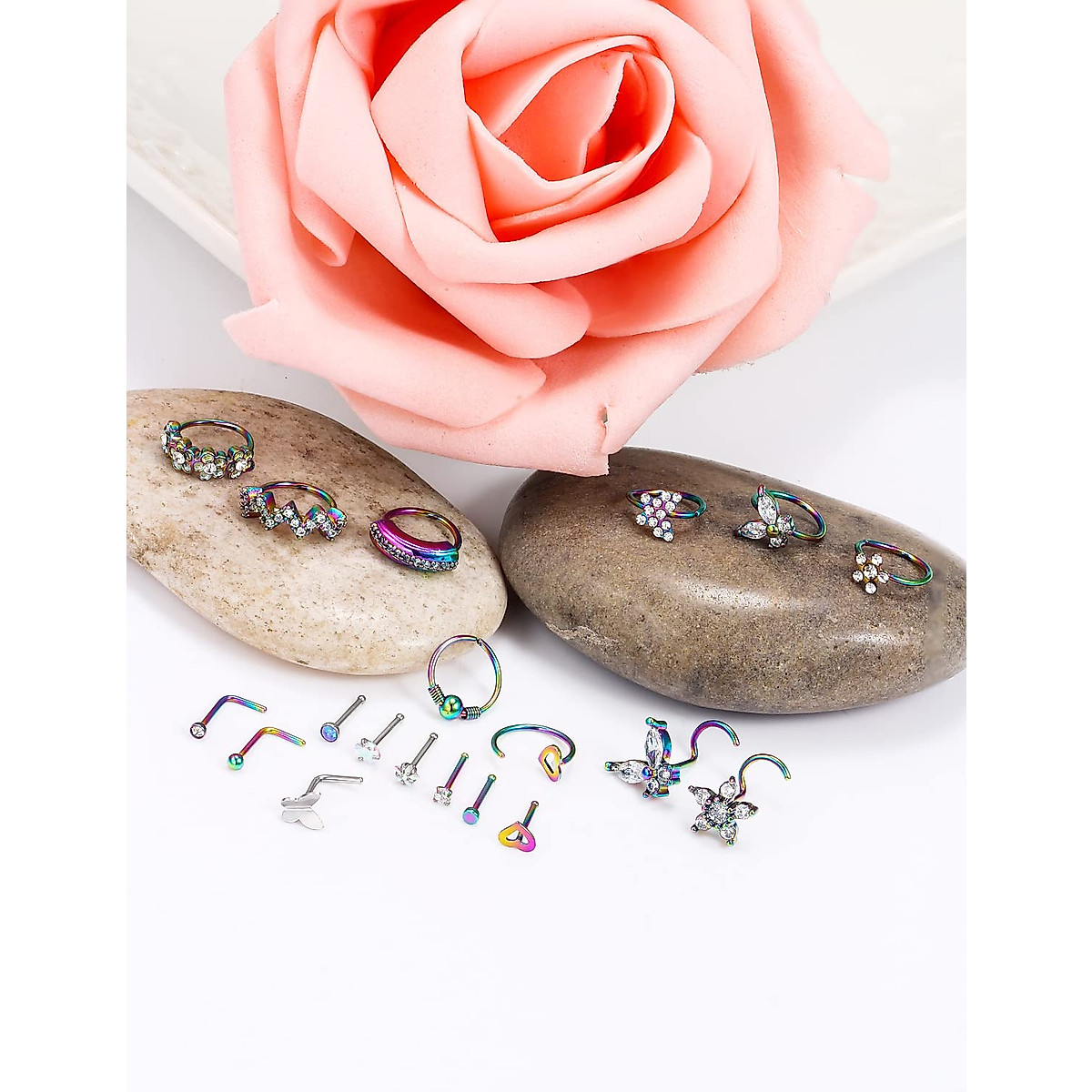 Oicctyzio 20g Nose Rings Studs Hoops for Women Surgical Stainless Steel l Shaped Nose Studs Screw Straight Nose Rings Star Butterfly Opal Heart Nose Ring Studs Nostril Piercing Jewelry Hypoallergenic