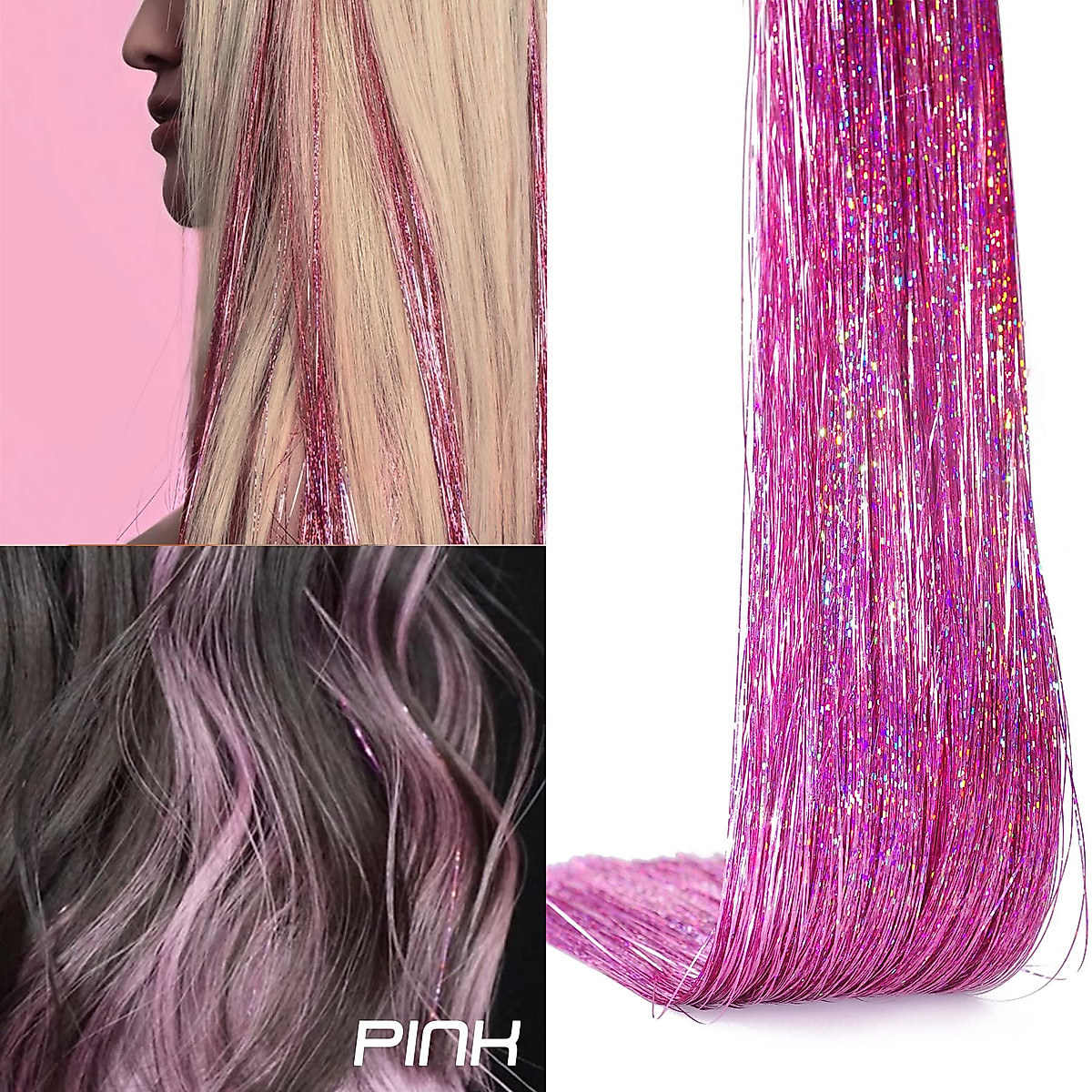 SEPTBEAM Hair Tinsel Clip in Extensions Pink Sparkle & Highlights for Hair 20.5 Inch 6pcs Each Pack Multi-Colors Synthetic Hair Extensions for Party, Christmas, New Year, Halloween, Cosplay(Pink)