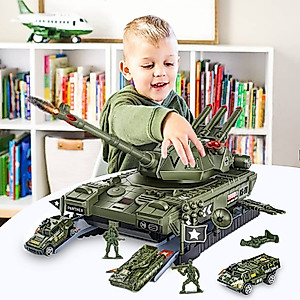UNIH Tank Toy Sets, Military Transport Tank and 4PCS Army Vehicles, Tank & Vehicle Playset with 4 Sound and Launcher Birthday Gift for Kids Boys 3 4 5 6 7 Years Old ( Army Men Soldiers Included)