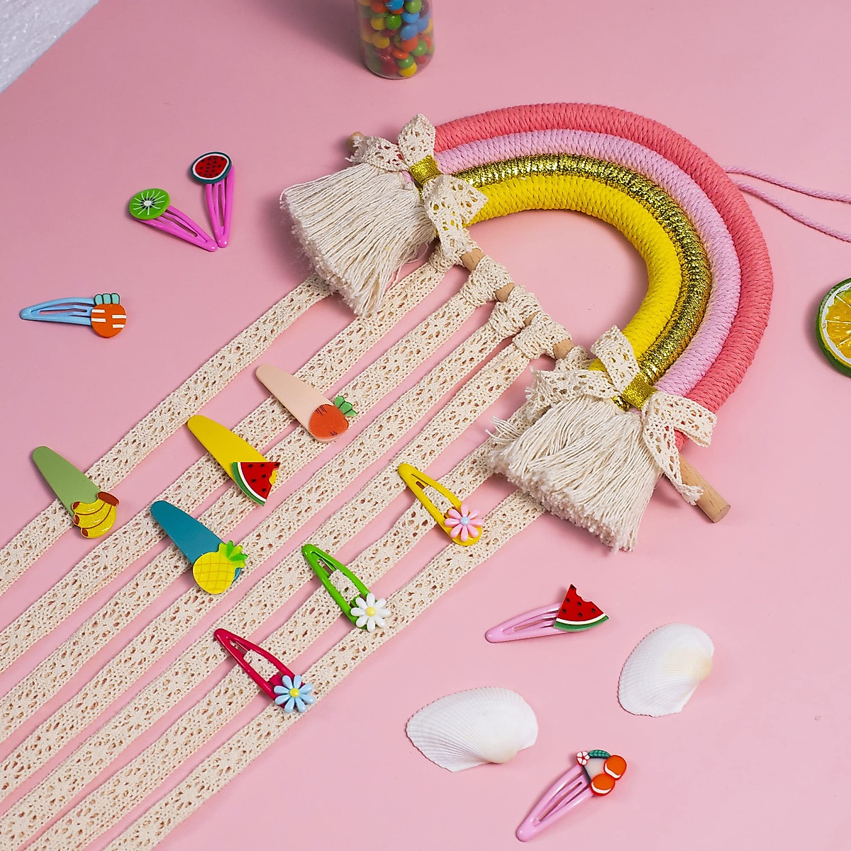 WAKOEGOFU Rainbow Tassels Hair Bows Holder Hanging - Baby Hair Accessories Storage Headband Holder Hair Clips Organizer Wall Hanger Decor for Baby Girls Room Ornament (Pink Yellow)