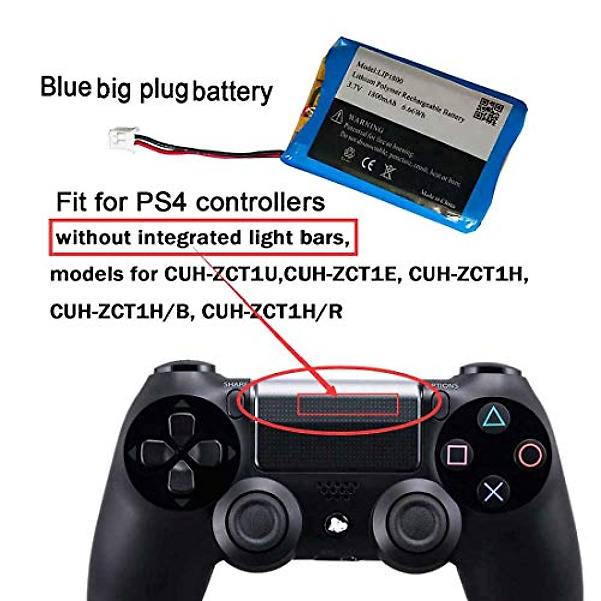 3.7v 1800mAh Battery for PS4 Controller Battery Replacement LIP1522 1000mAh Bateries Pack (CUH-ZCT1U Battery for PS4 V1-3)