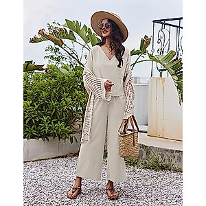 Ekouaer Womens Short Sleeve Top Wide Leg Pants Sleepwear Cotton Linen Loungewear Pajama Set, White, Medium