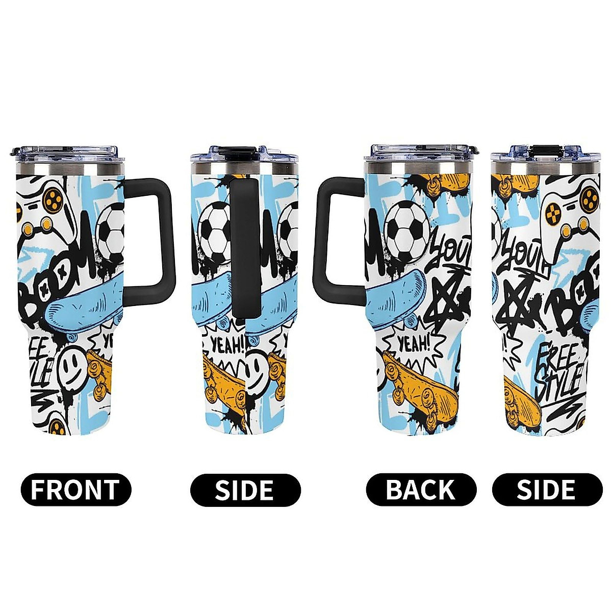 Niapessel Leak Proof Tumbler, Insulated Water Bottles with Straw, Skateboards And Graffiti Words Insulated Cup with Handle 40 Oz Stainless Steel Flask for School, Travel, Car, Sports, Work