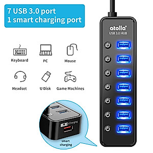 Powered USB Hub 3.0, Atolla 7-Port USB Data Hub Splitter with One Smart Charging Port and Individual On/Off Switches and 5V/4A Power Adapter USB Extension for MacBook, Mac Pro/Mini and More.