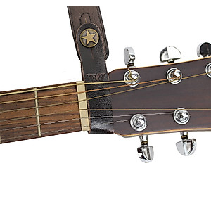 Walker & Williams AT-1-BRN Dark Brown Acoustic Guitar Grain Leather Strap Button Headstock Adaptor For Acoustic, Electric, And Bass Guitars