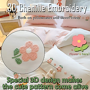 MorroMorn Twin Duvet Cover Cotton, 3D Embroidery Twin Bedding Sets, Cute Chenille Embroidered Comforter Covers Summer Blanket Soft Dry Sweat-Absorb for Girls Kids Teen (Flowers White, Twin/Twin XL)