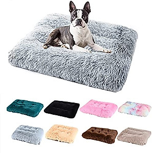 LINGYANMM Long Plush Dog Bed Square Dog Mat Pet Cushion Blanket Soft Fleece Cat Cushion Puppy Chihuahua Sofa Mat Pad for Small Large Dogs (Color : Khaki, Size : S 65x48cm)