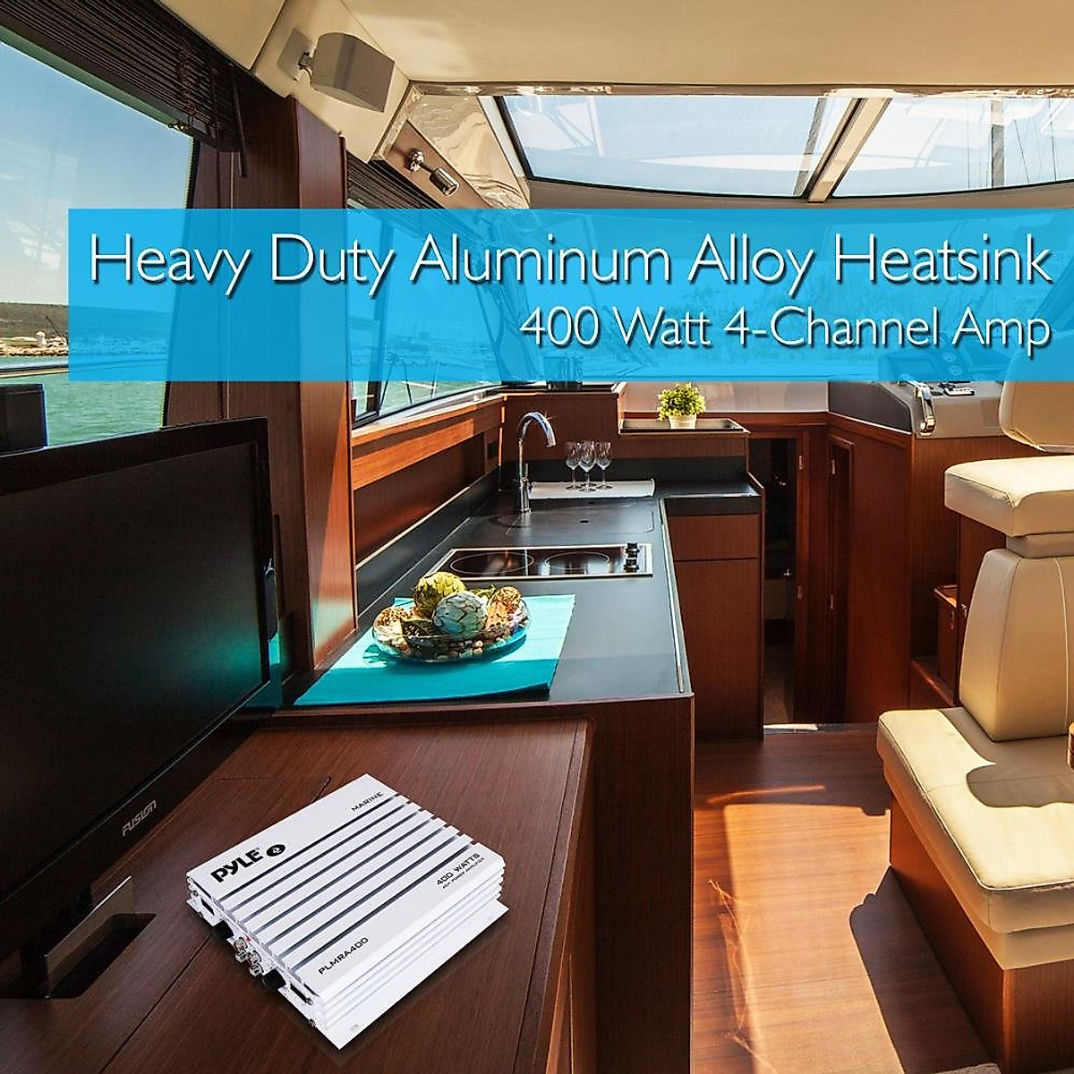 Pyle Hydra Marine Amplifier - Upgraded Elite Series 400 Watt 4 Channel Audio Amplifier - Waterproof, 12 volt, Dual MOSFET Power Supply, GAIN Level Controls, RCA Stereo Input & LED Indicator (PLMRA400)