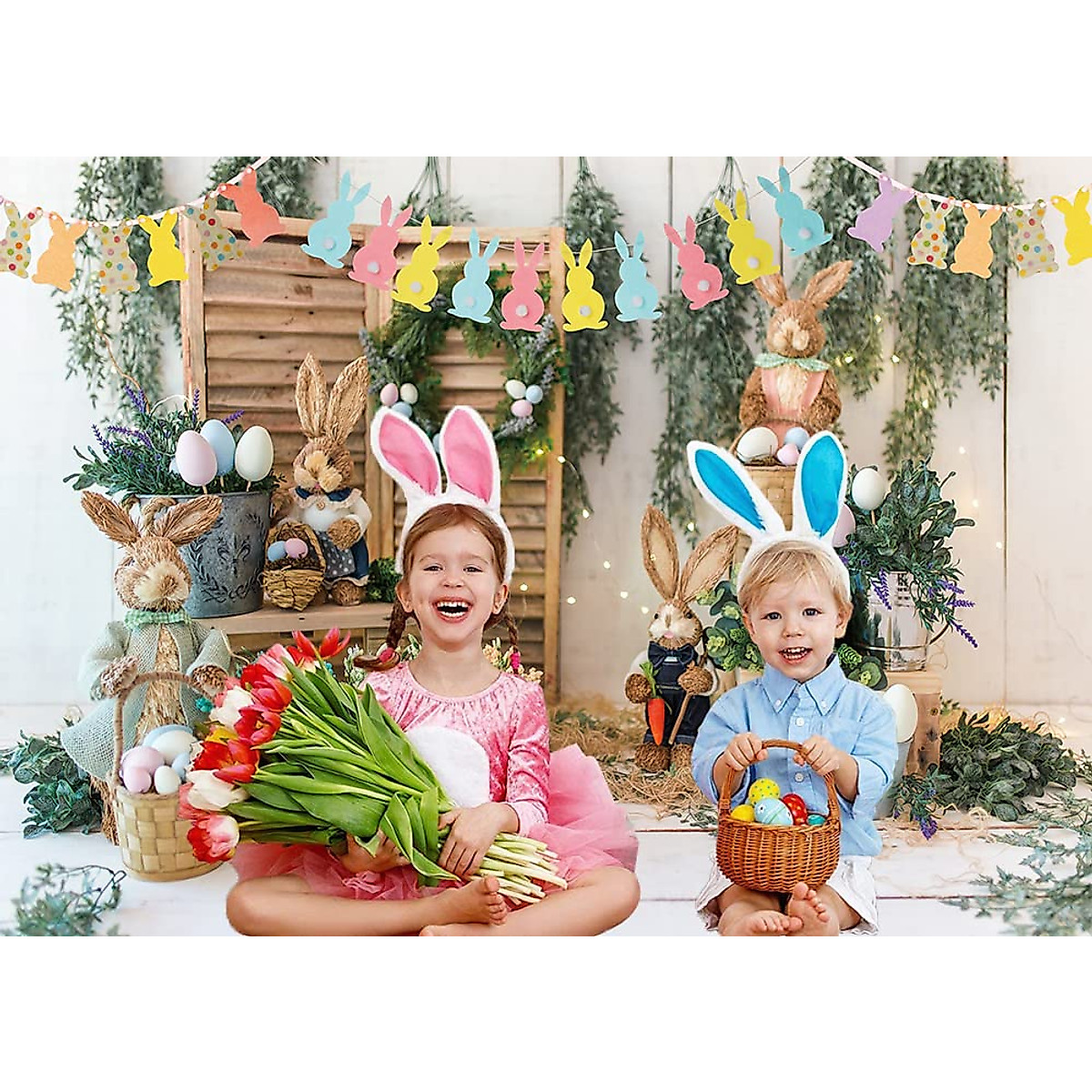 Easter Backdrop Rabbits Colorful Eggs Photography Background Spring Rustic Flower Stand Bunting Baby Shower Children Party Decoration Banner Photos Booth