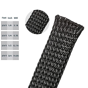 25ft-1/4inch PET Expandable Braided Sleeving Wire Loom Cable Sleeves Automotive Wire Sleeve Cable Management Wrap Wire Protector Tubing Desk Wire Organizer for Home, Office, Audio HDMI Cable, Black