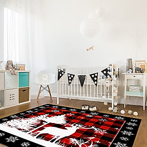 Seven Roses Rectangular Area Rug for Living Room, Bedroom, White Xmas Tree Elk Snowflake Non-Slip Residential Carpet, Kitchen Rugs, Red Buffalo Plaid Christmas Floor Mat with Rubber Backing 2' x 3'