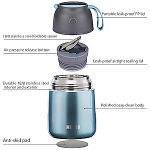 MAXSO Soup Thermo for Hot & Cold Food for Adults Kids, 17 oz Vacuum Insulated Steel Lunch Container Bento Box with Spoon, Leakproof Thermal Food Jar for School Office Travel - Shinny Blue