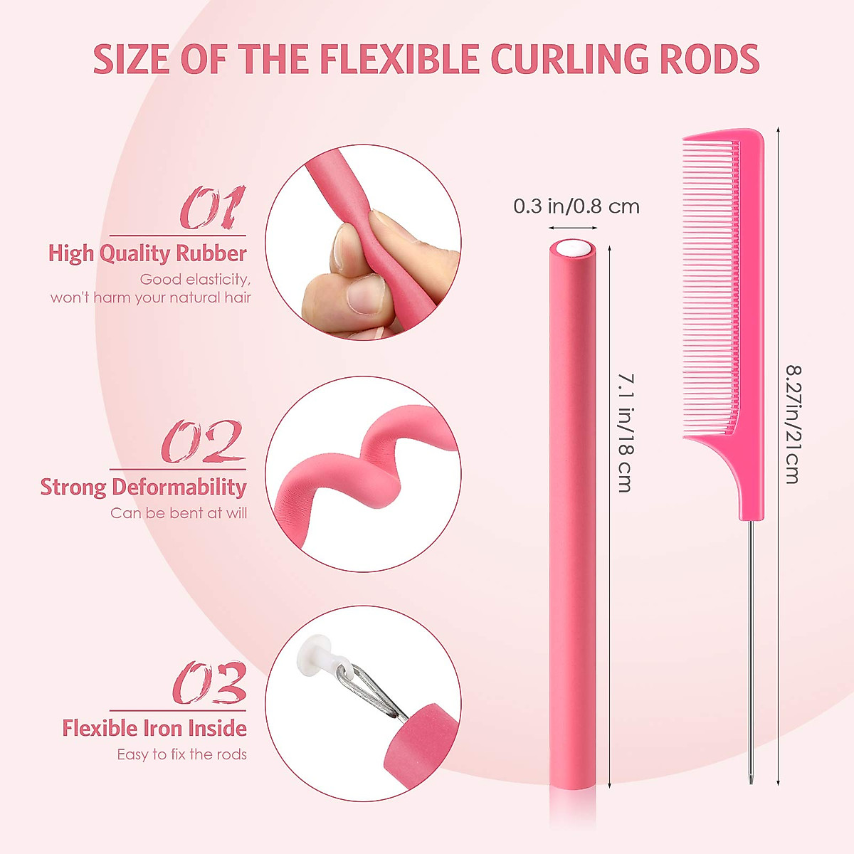 60 Flexi Rods Hair Curlers Set for Women & Girls - Flexible No Heat Rollers for Long and Short Hair, Twist Curls (Pink, 0.3 x 7 Inch)