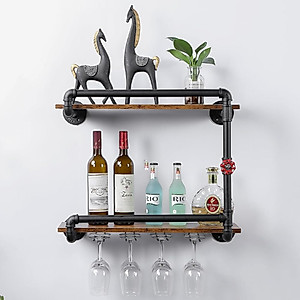 POLUNCA Wine Rack Wall Mounted 2 Tier, Industrial Pipe Decor, Black Wine Shelf Rack with Glass Holder, Perfect for Kitchen, Bar, Restaurant, 23.6x10.6x19.7 inches