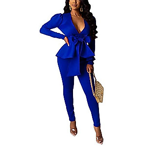 2 Piece Blazer Suit for Women Sexy Long Sleeve Deep V Neck Bow Tie Ruffle Hem Peplum Blazer Jacket with Bodycon Long Pants Set Work Office Party Club Outfits Blue, Large