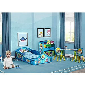 Baby Shark Plastic Sleep and Play Plastic Toddler Bed + Delta Children Twinkle Galaxy Dual Sided Recycled Fiber Core Crib and Toddler Mattress (Bundle)