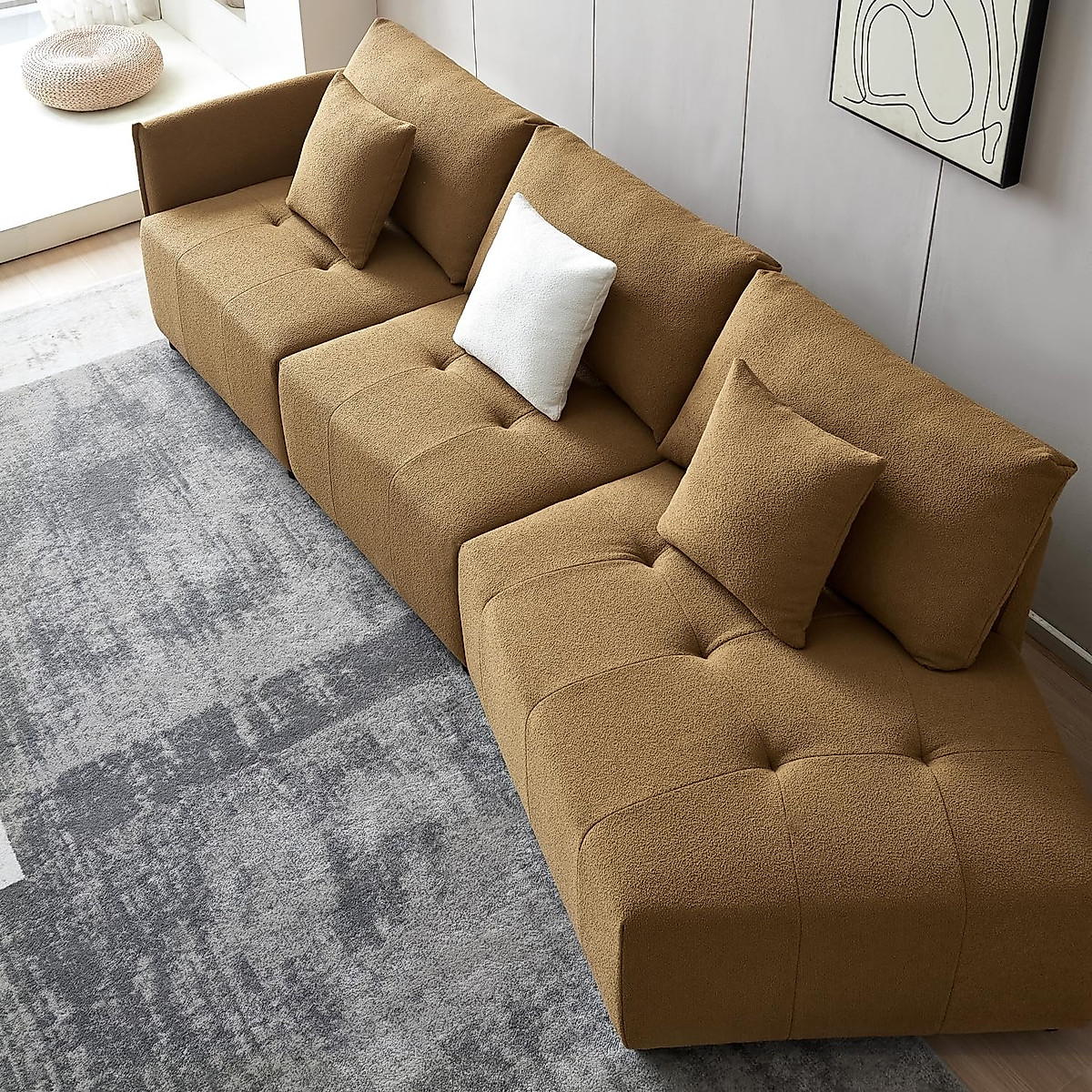 kevinplus 120'' Sectional Sofa Couch for Living Room, Modern Contemporary Sofa Couch with Curved Tufted Seat, Sofa Couch with Throw Pillow for Apartment, Teddy Fabric, Dark Yellow