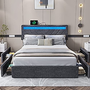 ADORNEVE Queen Bed Frame with 4 Drawers, LED Bed Frame with 2 USB Charging Station, Upholstered Platform Bed with Storage & LED Lights Headboard, No Box Spring Needed, Easy Assembly, Dark Grey