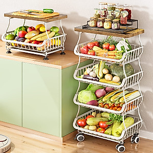 Fruit Basket for Kitchen with Wood Top 5 Tier, SAYZH Stackable Fruit and Vegetable Storage Cart, Wire Storage Basket with Wheels, Vegetable Basket Bins Rack for Onions and Potatoes, White