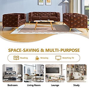 QHITTY Chesterfield Loveseat, Modern 2 Seater Accent Sofa Faux Leather Couch with Square Arms and Metal Tufted Button, Metal Legs for Living Room, Office, Bedroom (Brown)