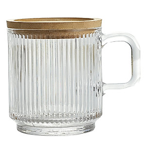 Lysenn Clear Glass Coffee Mug with Lid - Premium Classical Vertical Stripes Glass Tea Cup - for |Latte|Tea|Chocolate|Juice|Water| - Unleaded - Bamboo Lid - 12.5 Ounces