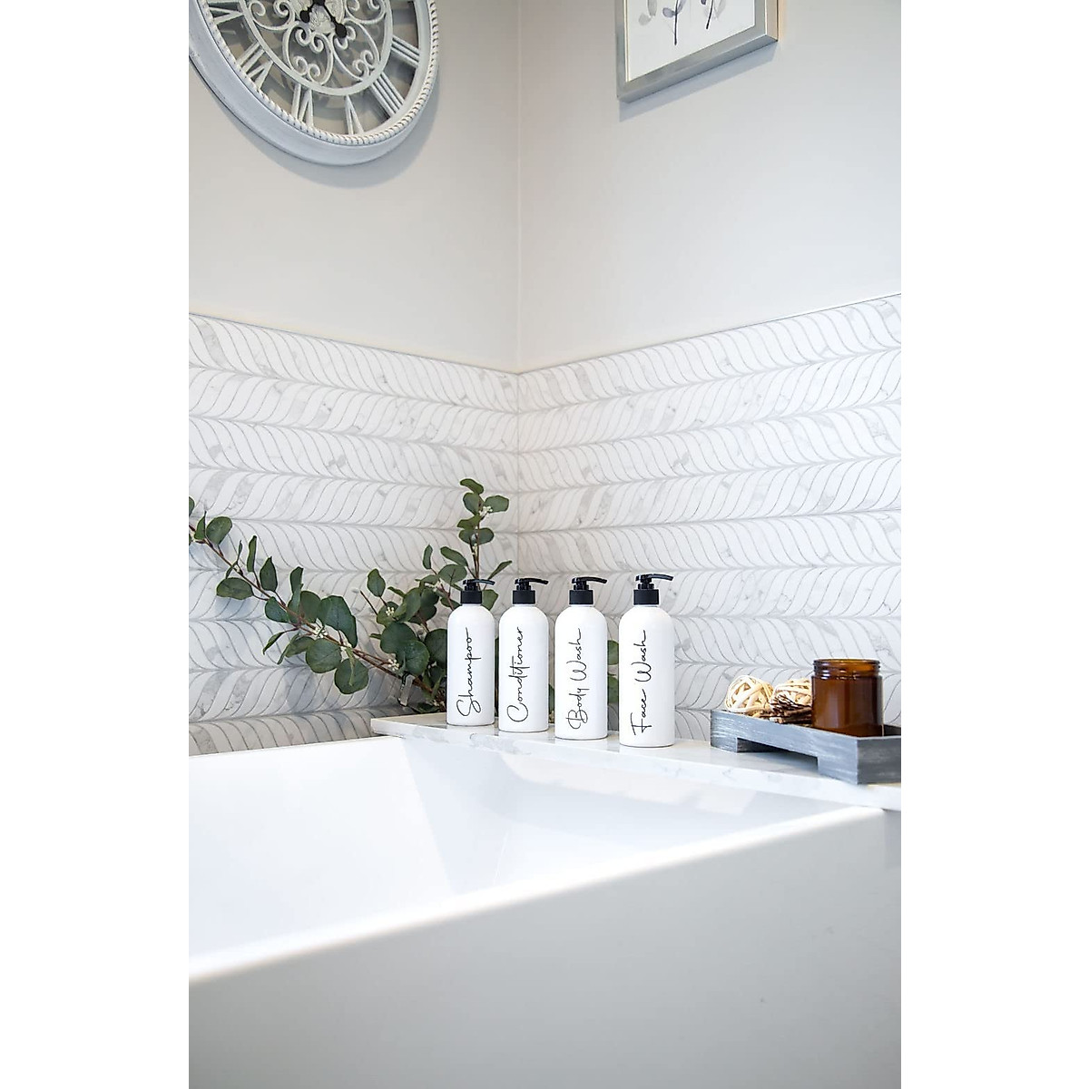 Alora Reusable Face Wash Bottle - Permanent Stylish Labels - 16oz Pump Bottle Dispenser for Face Wash - Empty Plastic Refillable Containers for Shower