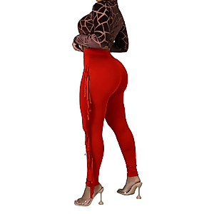 Women's Fringe Pants Casual High Waist Solid Bodycon Side Tassel Pants Yoga Pants Sweatpants Bandage Pants Red Large